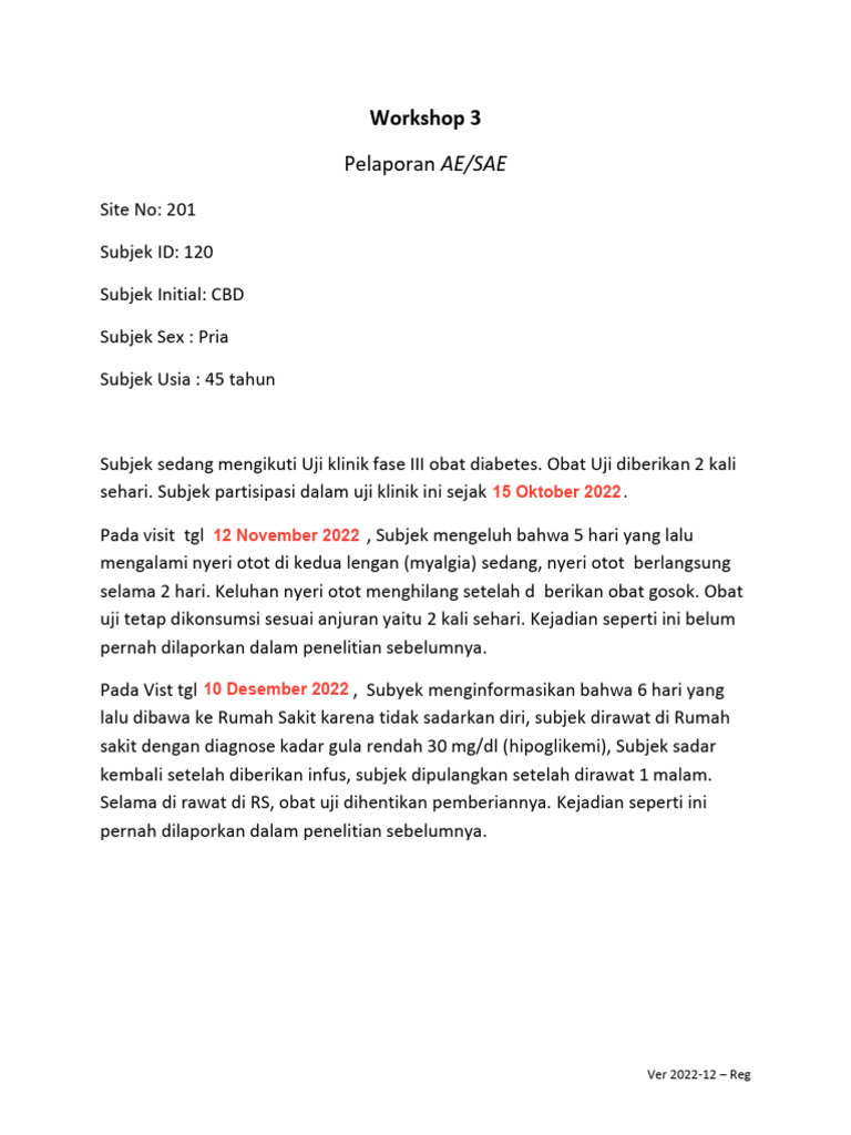 Workshop 3. (Di Print) Pelaporan AE & SAE - 2022-12-10 - Dr. Henu Tonang | PDF | Medical ...