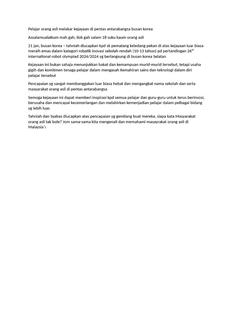 Pelajar orang asli melakar kejayaan di pentas antarabangsa di busan korea | PDF