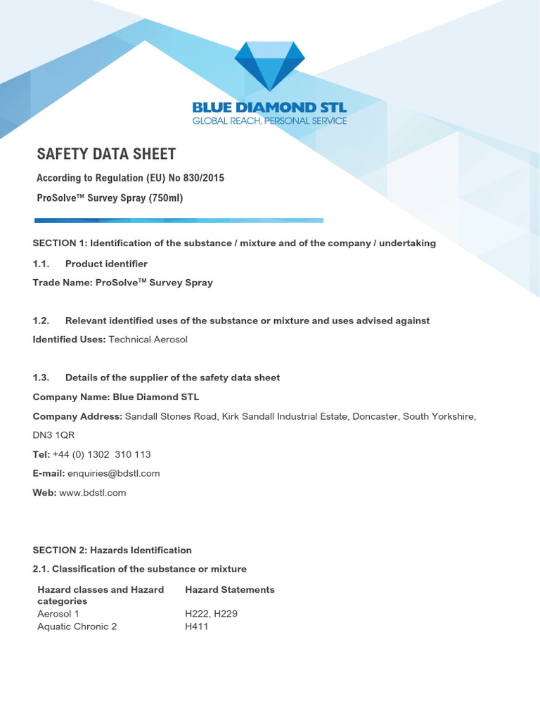 ProSolve Survey Spray PVSU Safety Data Sheet - 0620 | PDF | Dangerous ...