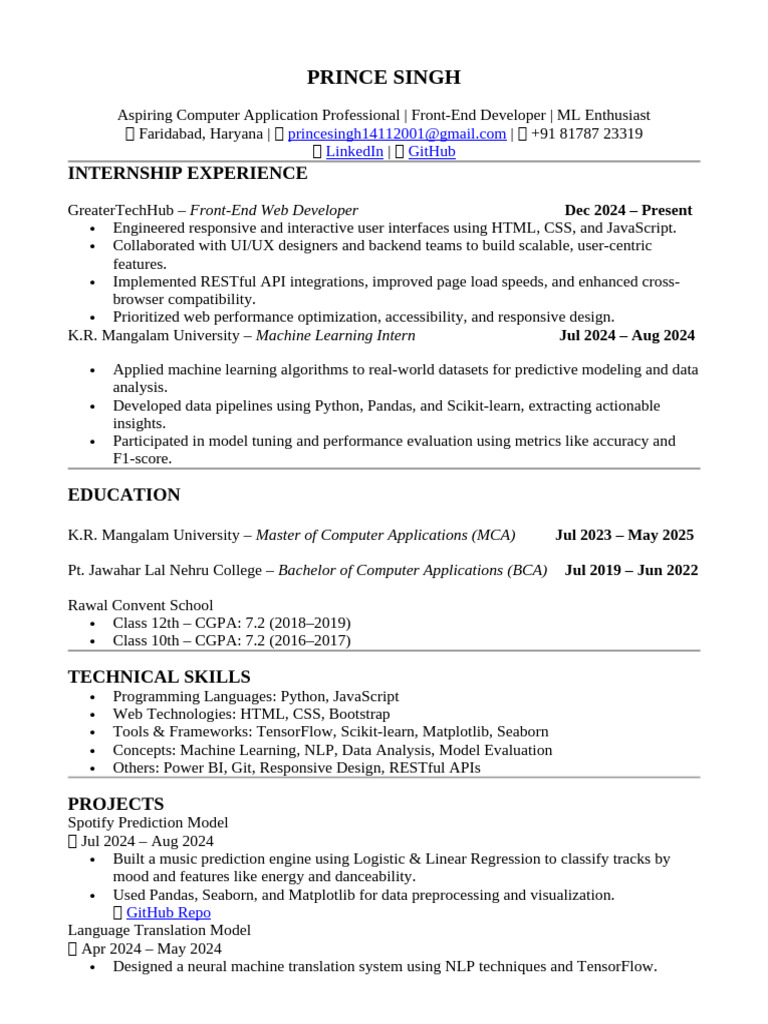 Front-End Developer & ML Intern Resume | PDF | Machine Learning | Computing