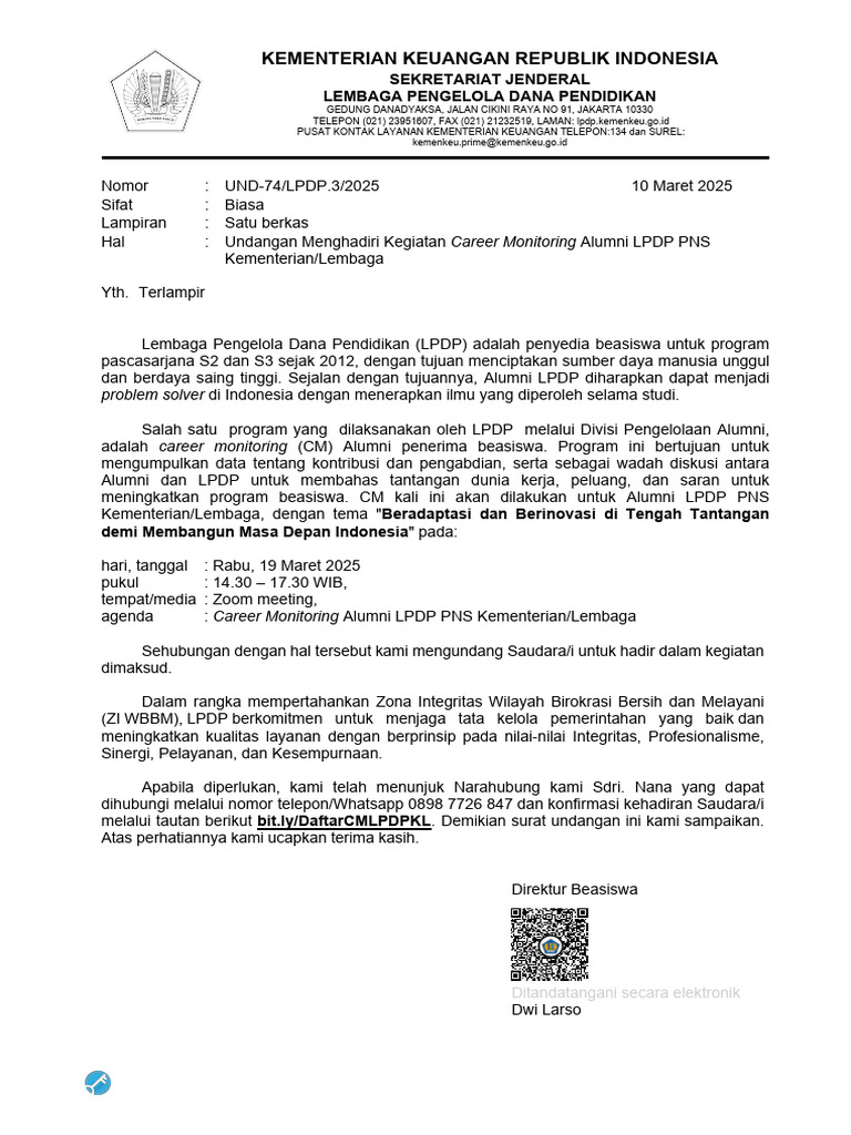 Undangan Menghadiri Kegiatan Career Monitoring Alumni LPDP PNS KL | PDF