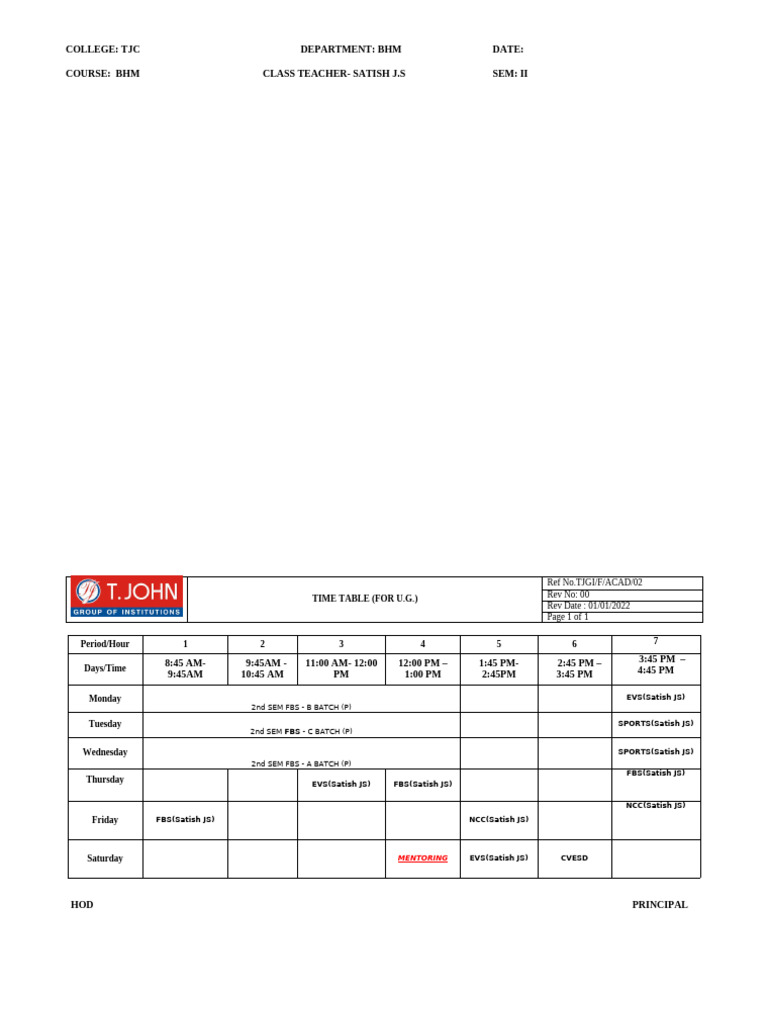 Satish Js Time Table Even Sem-2024 | PDF