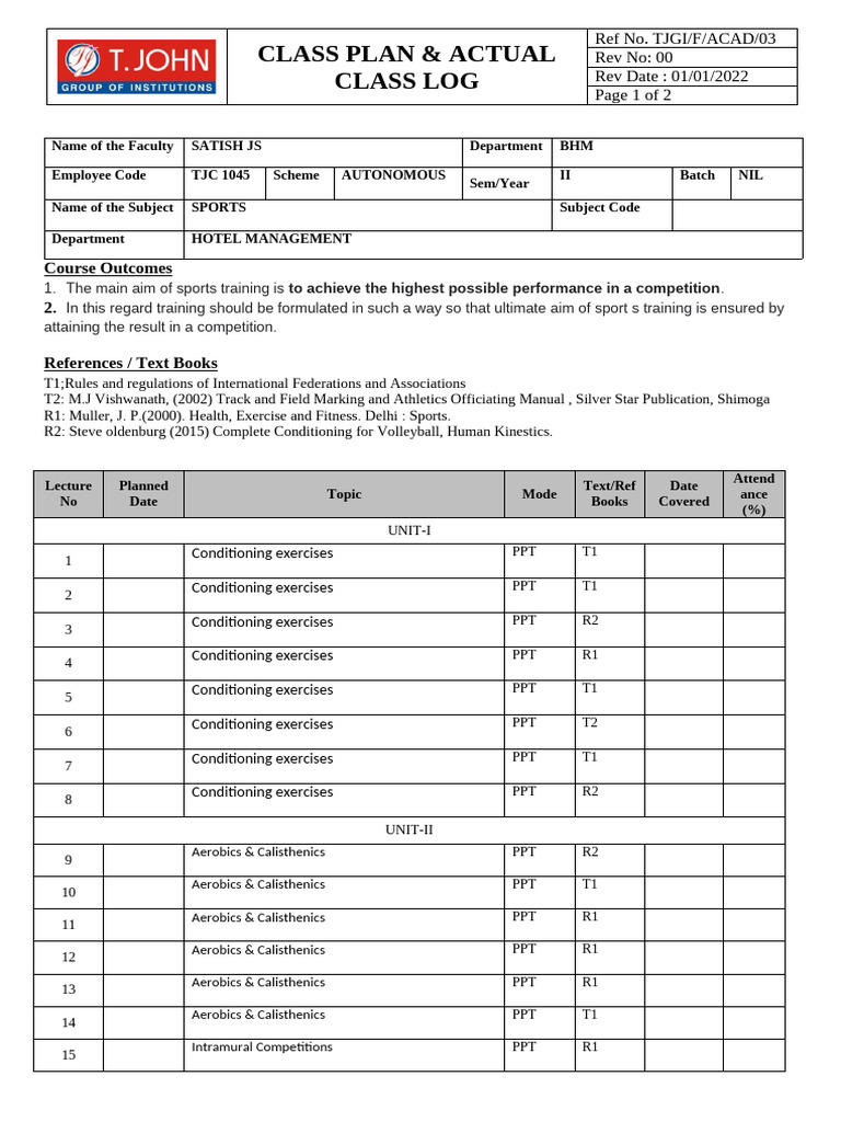 Sports - Class Plan and Actual Log | PDF | Physical Fitness | Physical ...