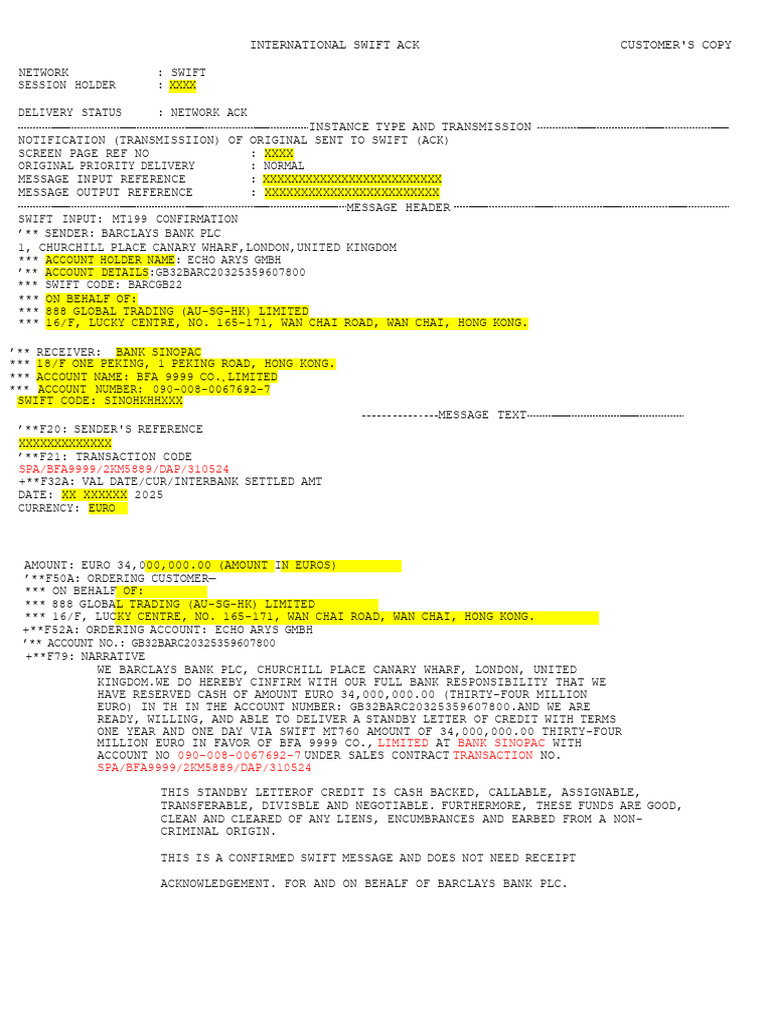 MT199 CONFIRMATION (DRAFT VERBIAGE) 888 Signed | PDF | Banking