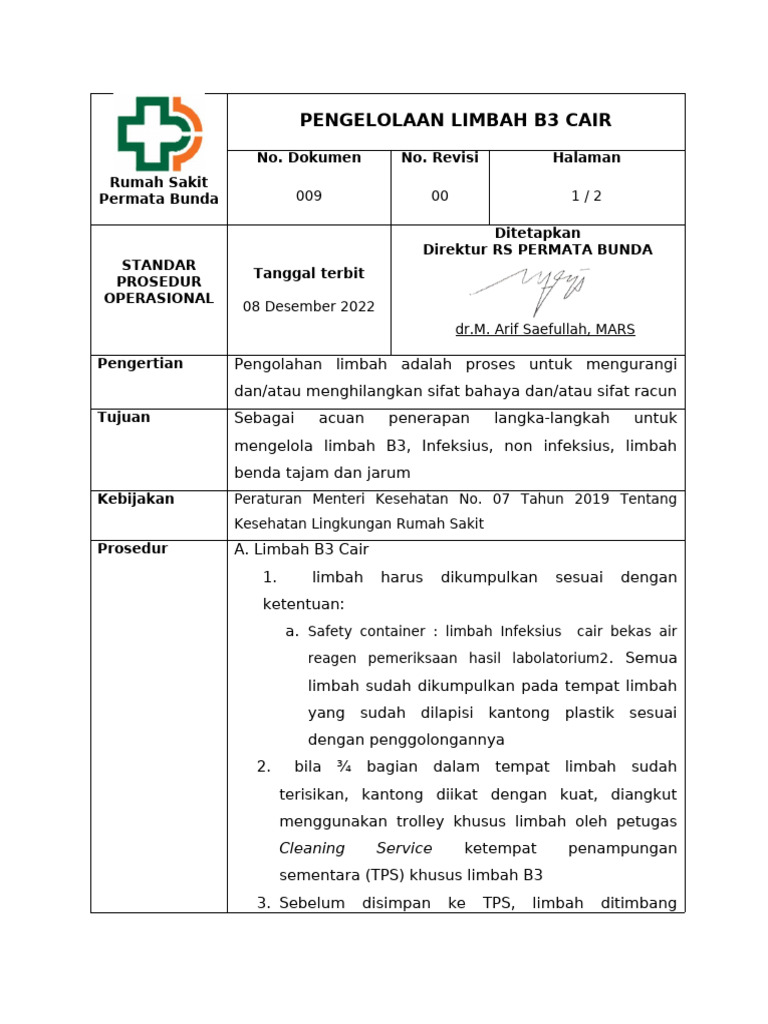 009 Spo Pengelolaan Limbah b3 Cair | PDF