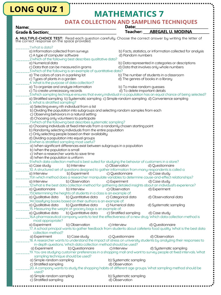 Data Collection & Sampling Quiz 7 | PDF | Sampling (Statistics ...