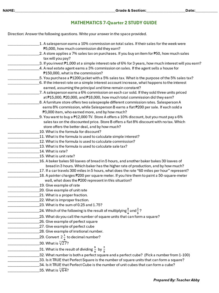 Mathematics 7 Q2 - Study Guide | PDF | Sales | Numbers