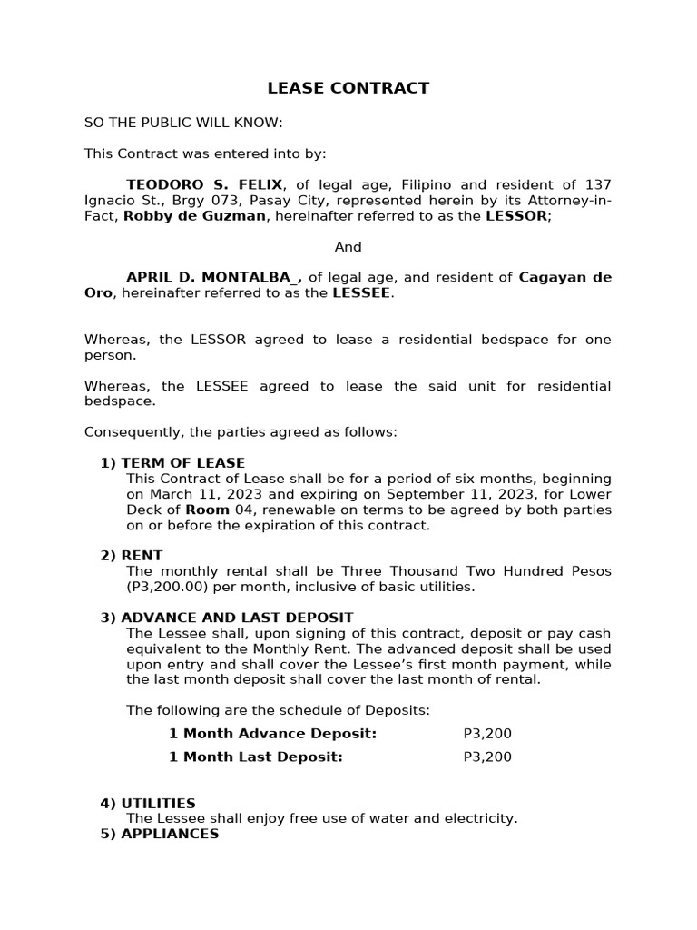 Lease Contract Bedspace RM 4 | PDF | Lease | Law Of Obligations