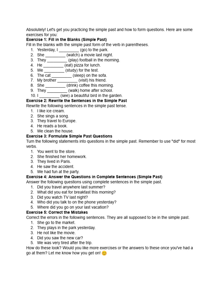 Exercises of A Simple Past and Questions For Pract.. | PDF