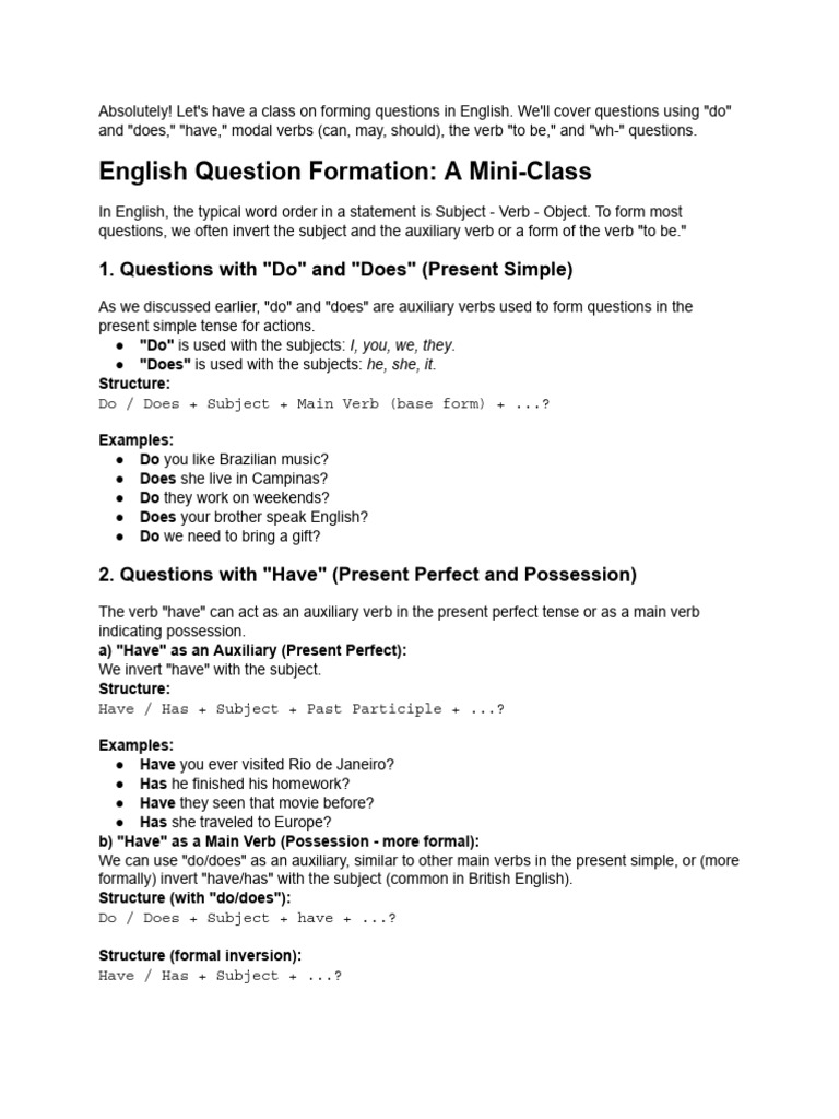 A Class About How To Make Questions in English (Do.. | PDF | Verb ...