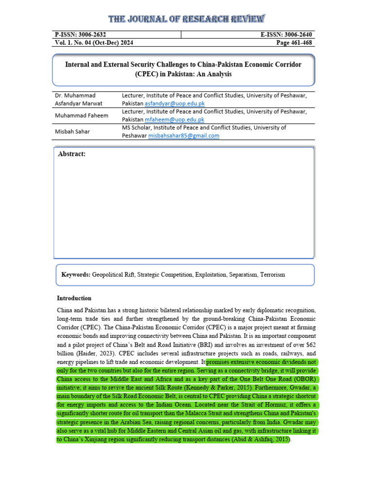Internal and External Security Challenges To China-Pakistan Economic ...