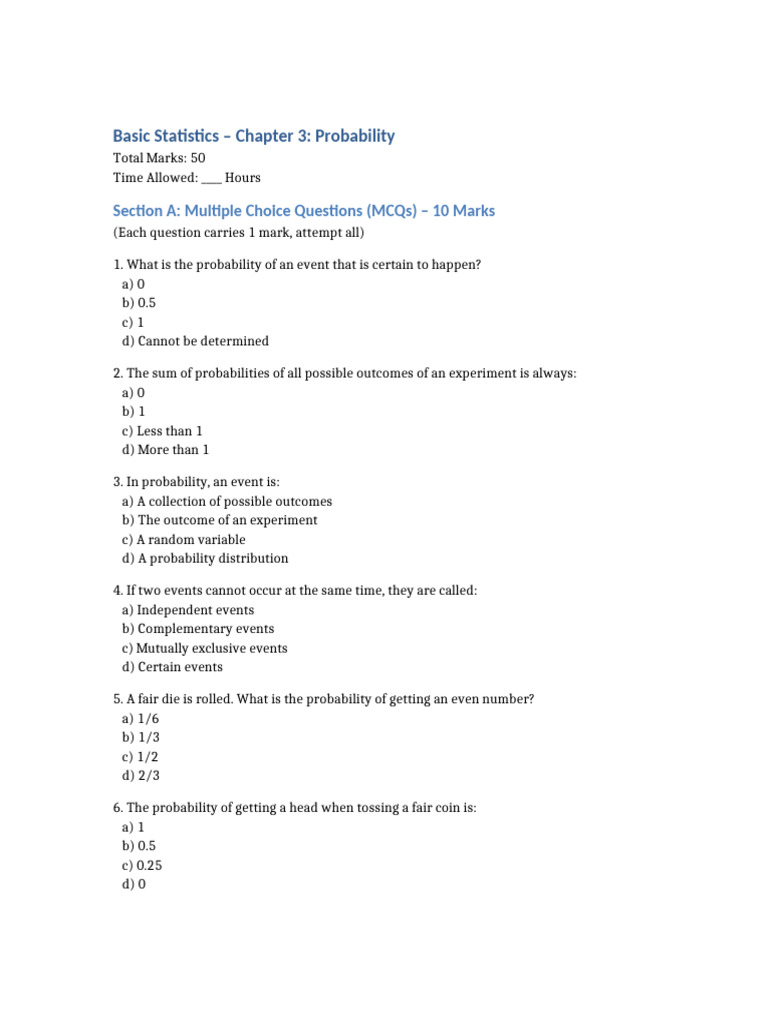 Basic_Statistics_Chapter_3_Probability_Test | PDF | Probability | Odds