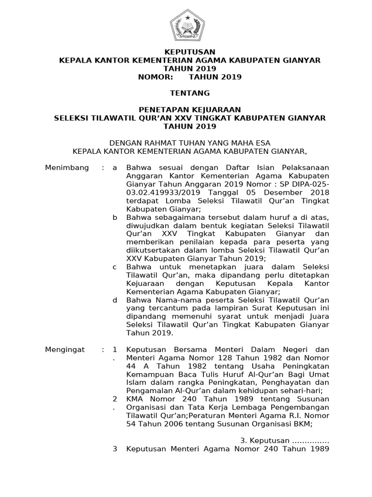 SK PENETAPAN KEJUARAAN STQ XXV 2019 | PDF