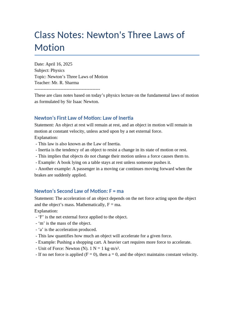 Newtons Laws Class Notes | PDF