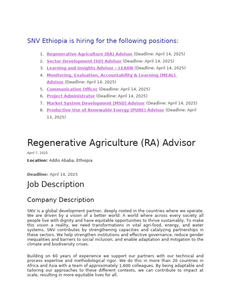 SNV Ethiopia 8 Positions | PDF | Capacity Building | Sustainability