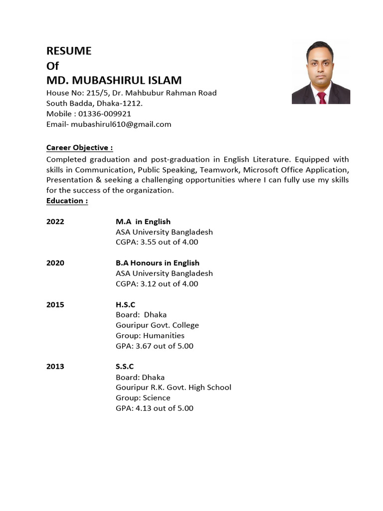 MD - Mubashirul Islam CV | PDF | Bangladesh