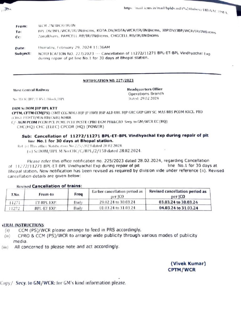 Train Cancellation Notification | PDF
