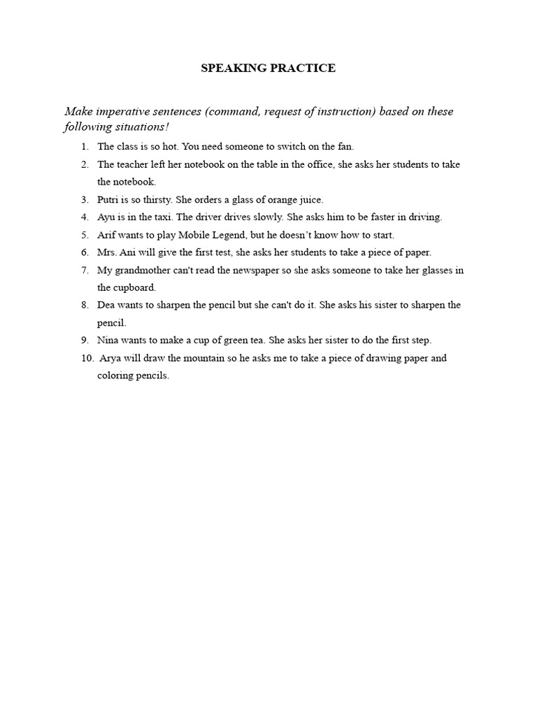 Speaking Practice - Imperative Sentence | PDF