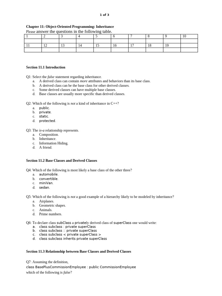 Quiz3-Chapter11 Object-Oriented Programming Inheritance Q | PDF | Class ...
