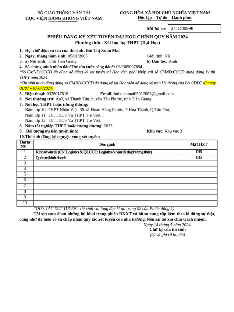 Phiếu Đăng Ký Xét Tuyển Đại Học Chính Quy Năm 2024 Phương thức: Xét học bạ THPT (Đại Học) | PDF