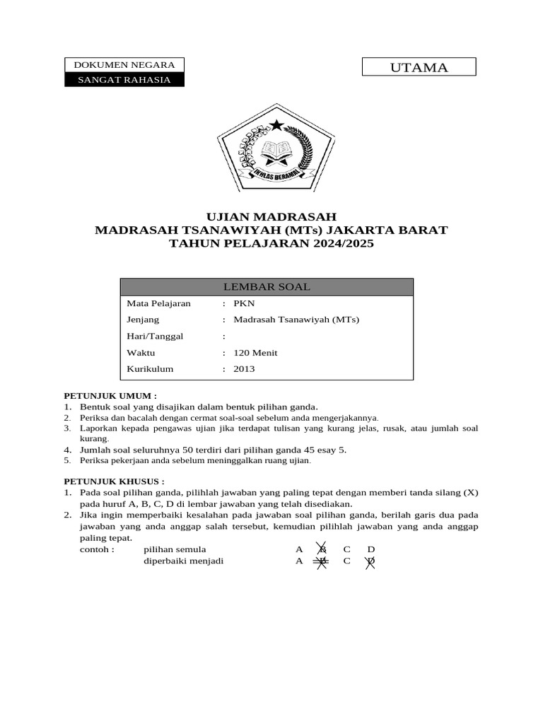 Soal Um PKN 2024-2025 | PDF