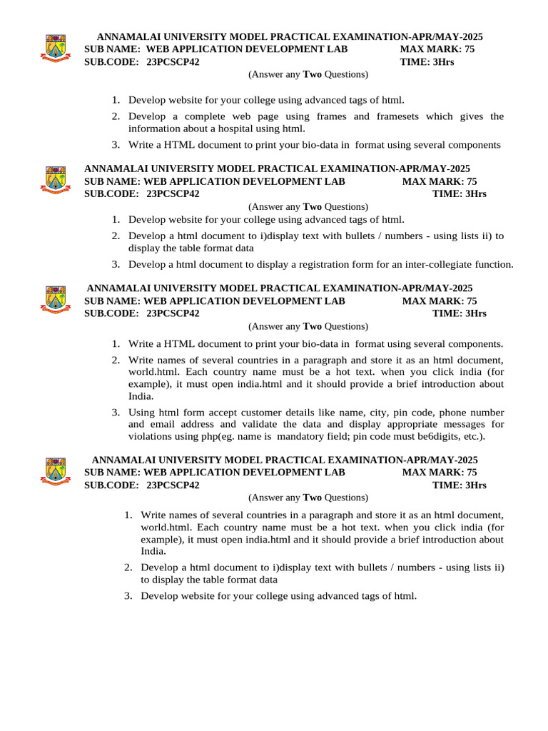 Web Application Development Lab Exam 2025 | PDF | Html | World Wide Web