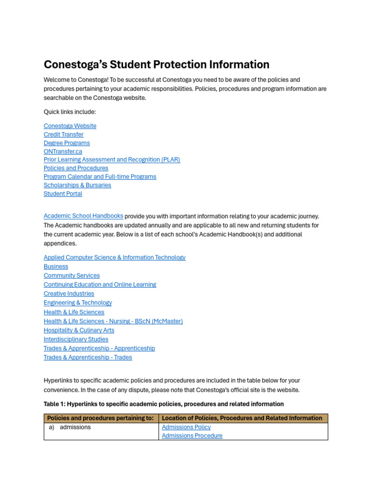 Conestoga - Student Protection Information | PDF | Policy | Tuition Payments