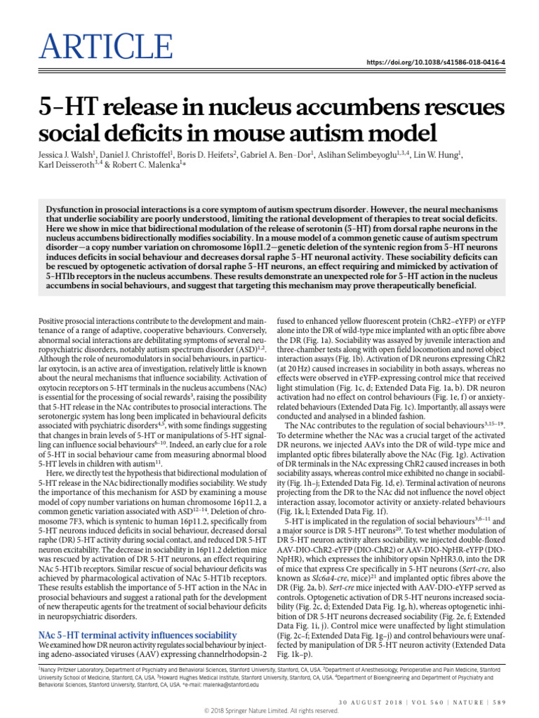 Malenka Autism Mouse Model (Nature 2018) | PDF | Serotonin | Autism