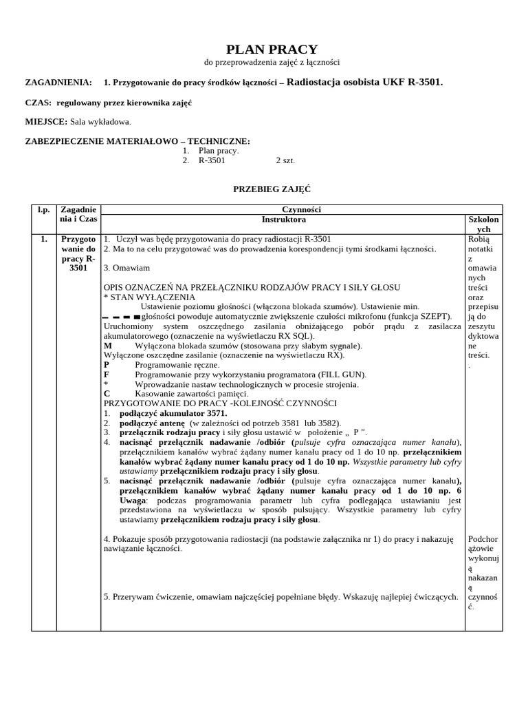 Plan Pracy - ŁĄCZNOŚC - R-3501 I TRC-9500 | PDF