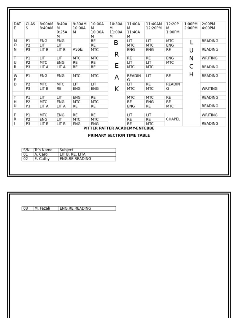 Ppa Primary Section Time Table 2025 | PDF