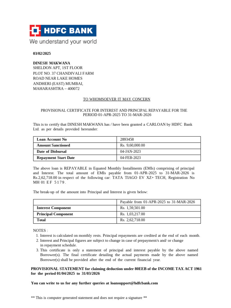 813184758-EV-Car-Loan-Interest-Certificate-80EEB | PDF