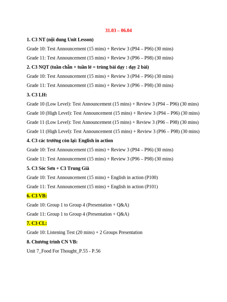Weekly Lesson Plans for Grades 10-11 | PDF