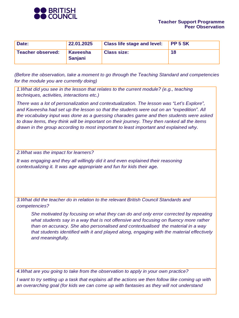 TSP Peer Observation - Mod 2 | PDF