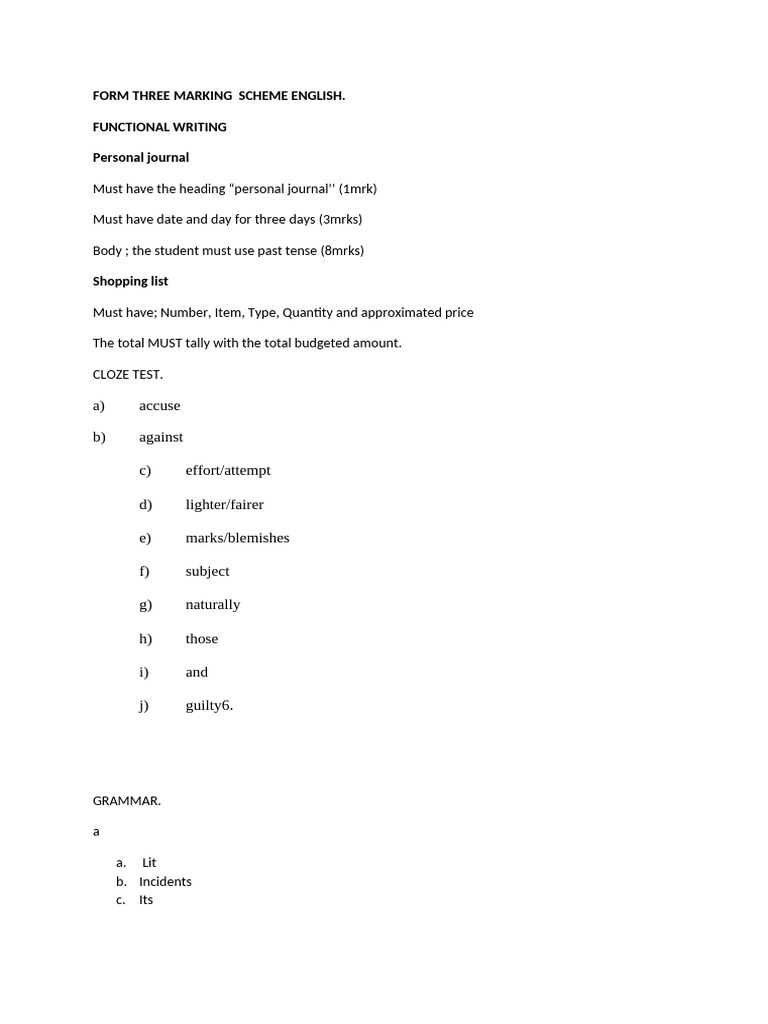 Form Three English Marking Scheme | PDF | Human Communication | Linguistics