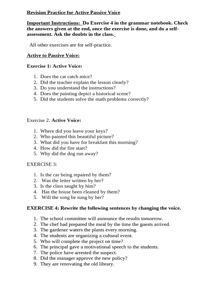 Active and Passive Voice Exercises for Class 8 | PDF