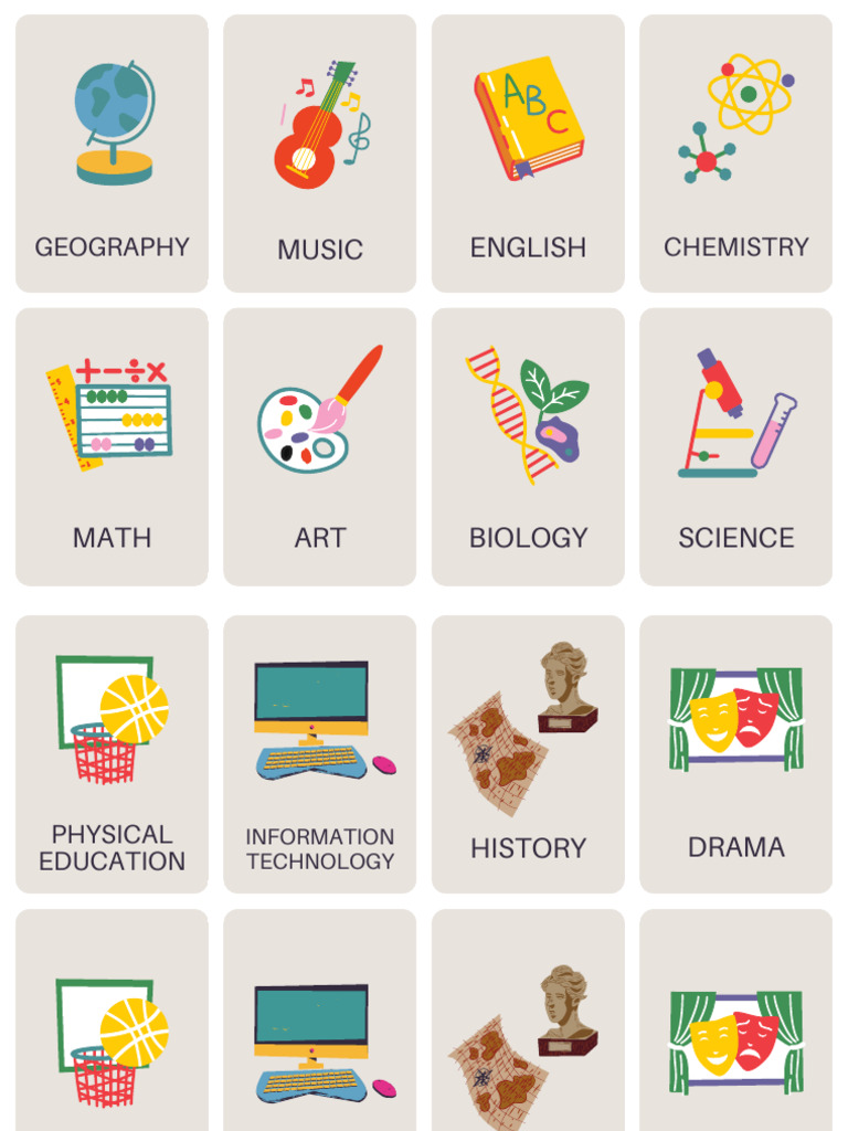 School Subjects Flashcards in Colorful Simple Style | PDF