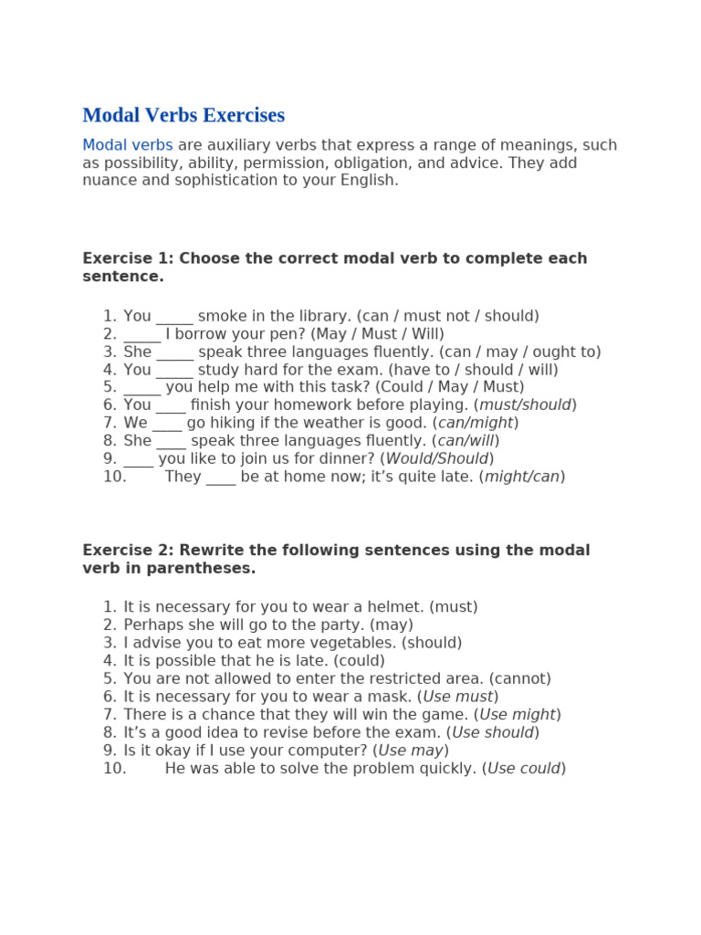 Modal Verbs Exercises | PDF