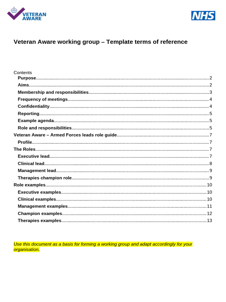 Veteran Aware Working Group Terms of Reference Example | PDF | Military ...