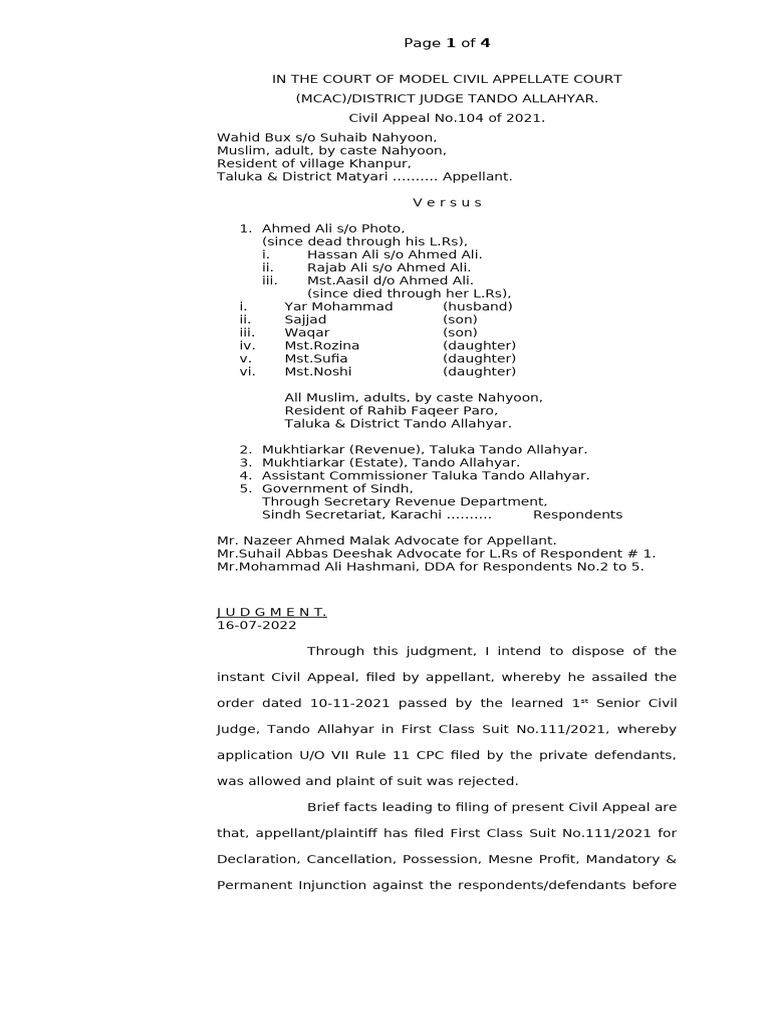 Civil Appeal No.104 of 2021 (7 R 11 allow) | PDF | Lawsuit | Appeal