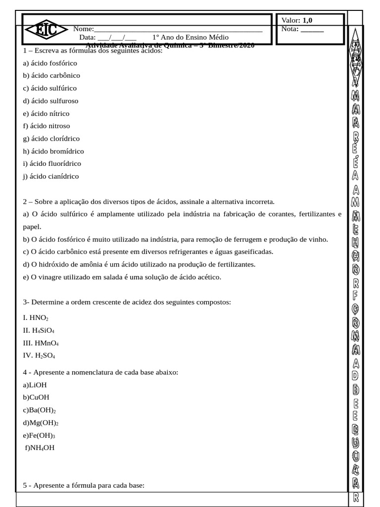 Lista de Exercícios Sobre Ácidos e Bases Plataforma | PDF | Ácido | Sal (Química)