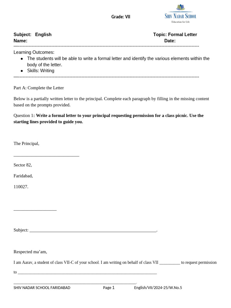 Formal Letter WS Grade 7 | PDF