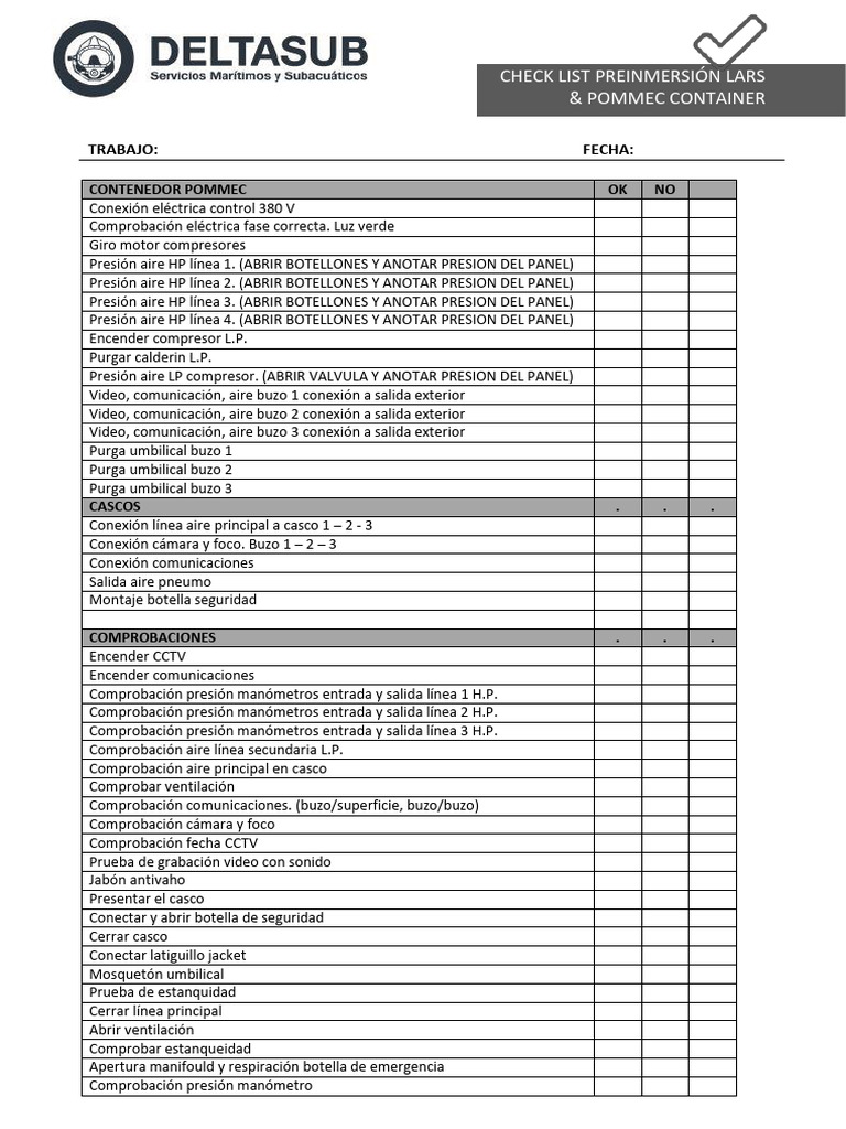 Checklist Preinmersión LARS y POMMEC | PDF | Buceo bajo el agua | Presión