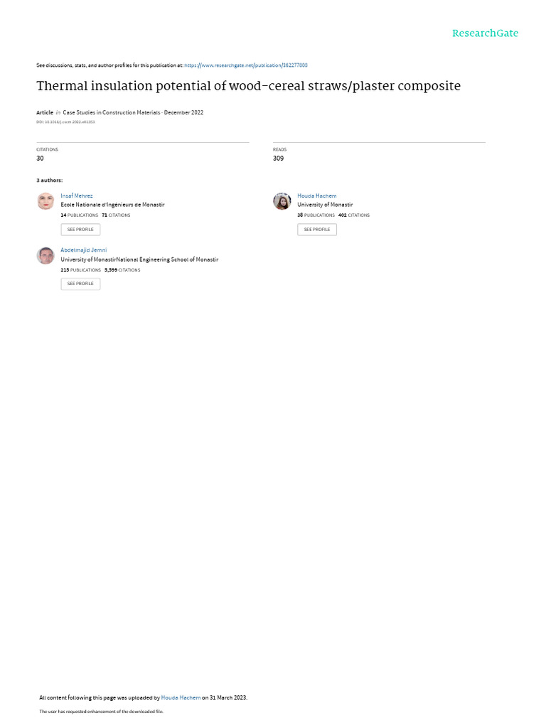 Thermal Insulation Potential of Wood-Cereal Strawsplaster Composite | PDF | Composite Material ...