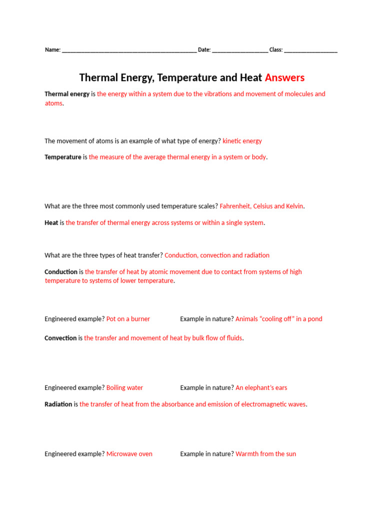Thermal Energy, Temperature and Heat: Answers | PDF