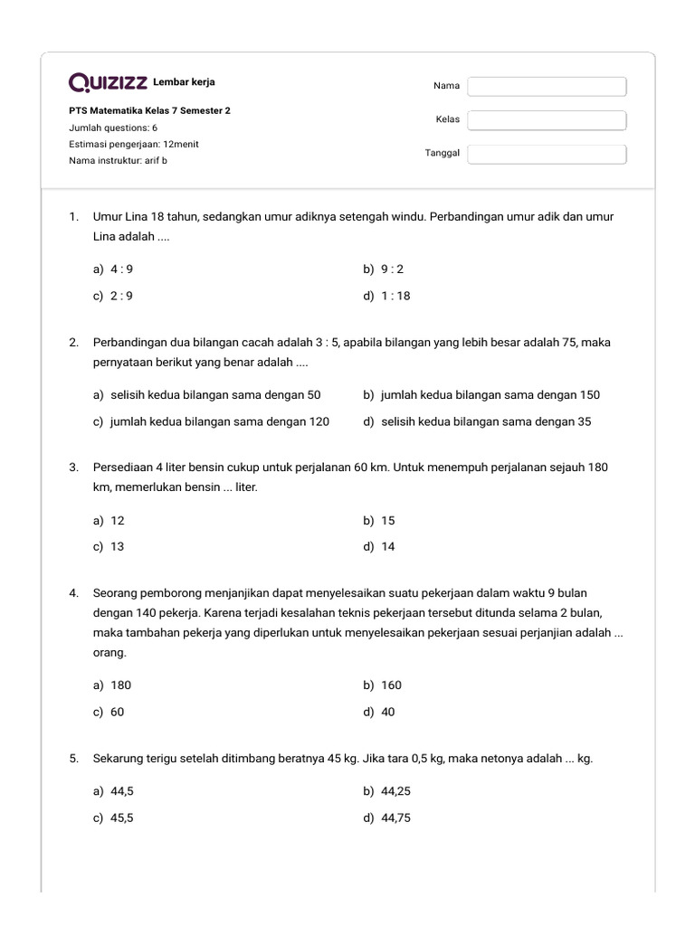 PTS Matematika Kelas 7 Semester 2 - Quizizz | PDF