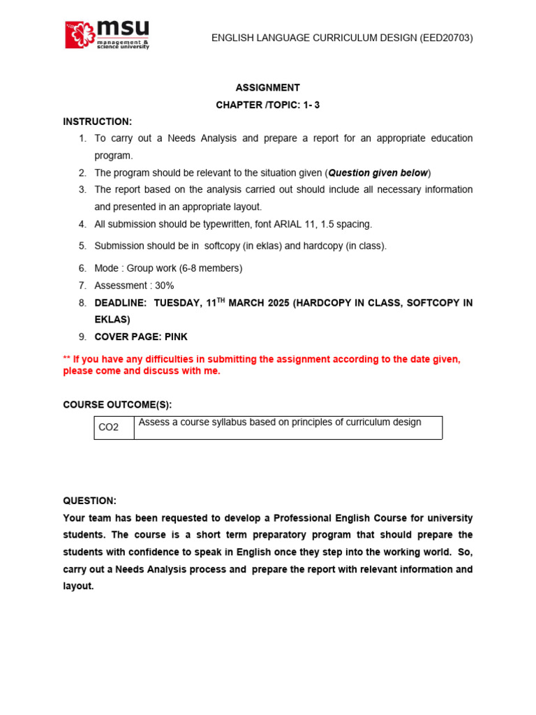 Curriculum Design Assignment 1 Guideline | PDF