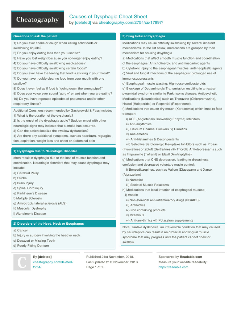 Cheat Sheet - ENT - Dysphagia | PDF | Human Diseases And Disorders ...