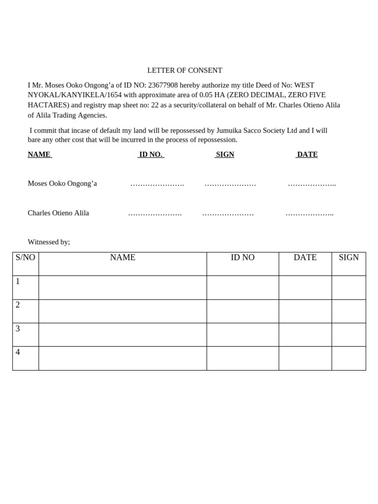 Consent Letter for Title Deed Collateral | PDF