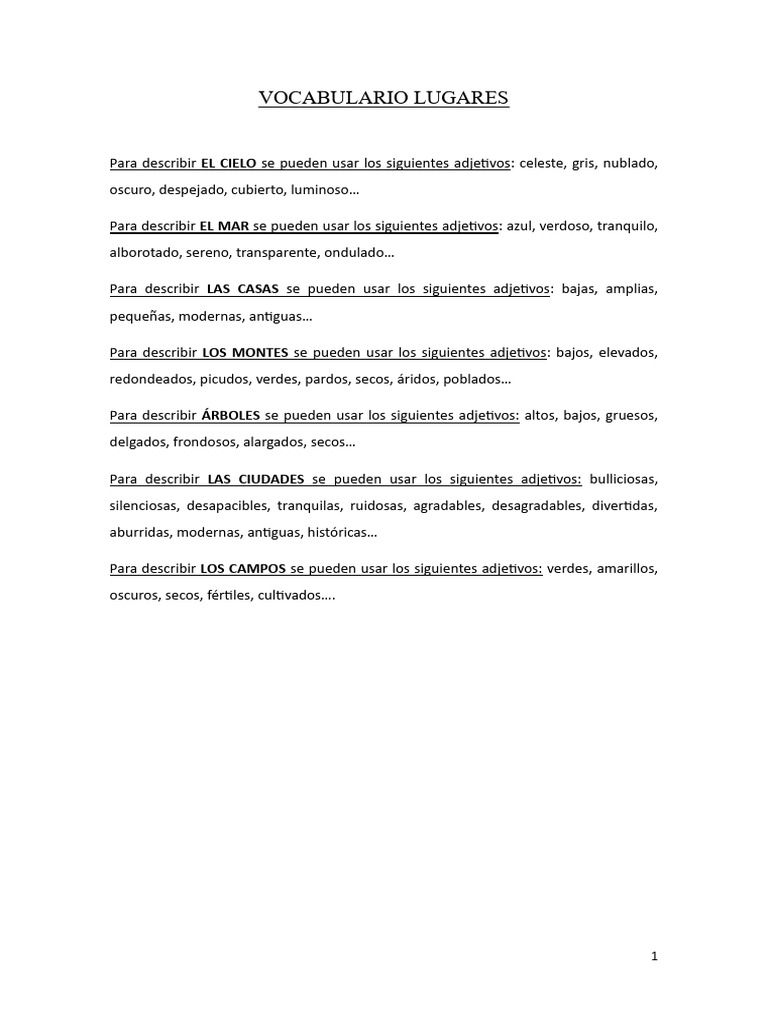 Vocabulario para Describir Lugares y Personas | PDF
