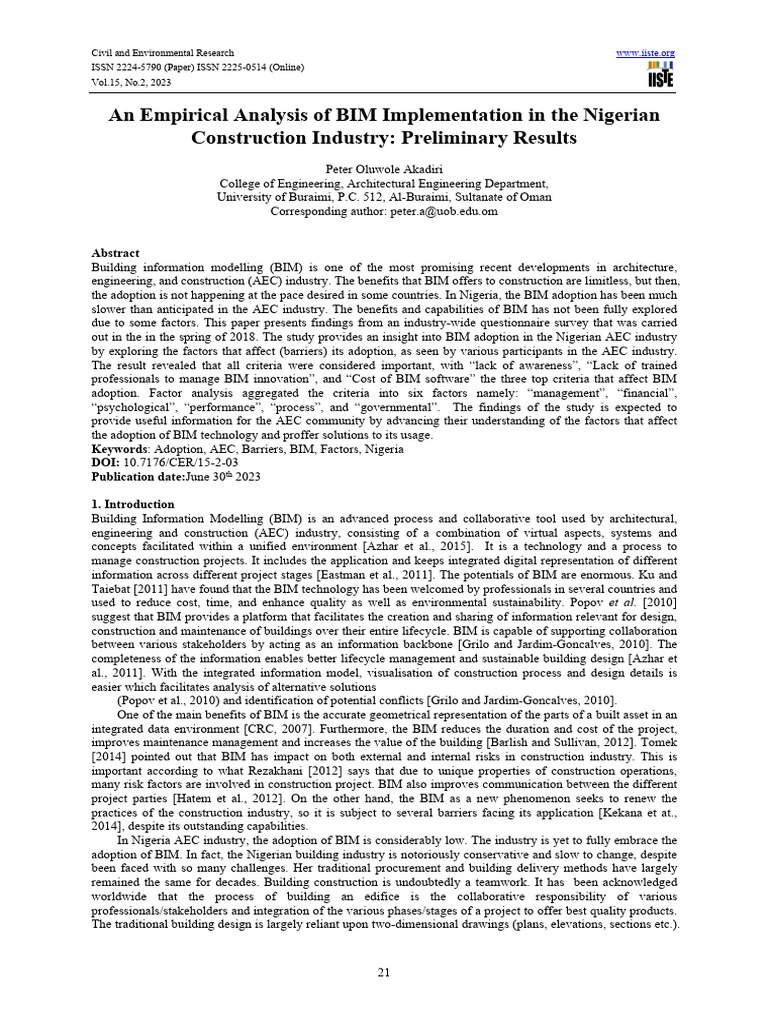 An Empirical Analysis of Bim Implementation in The Nigerian 2oro6vo7 | PDF | Factor Analysis ...
